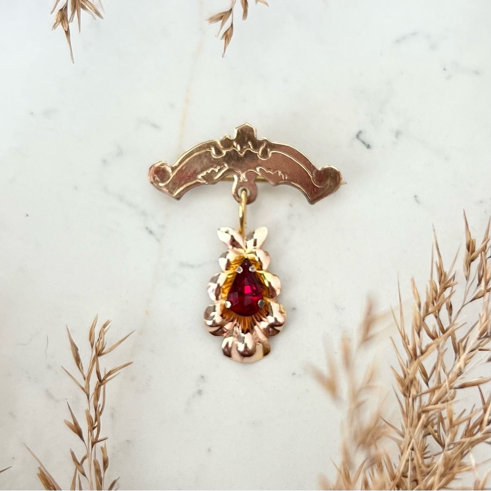 Antique Victorian Rose Gold Filled Ruby Brooch - Gem